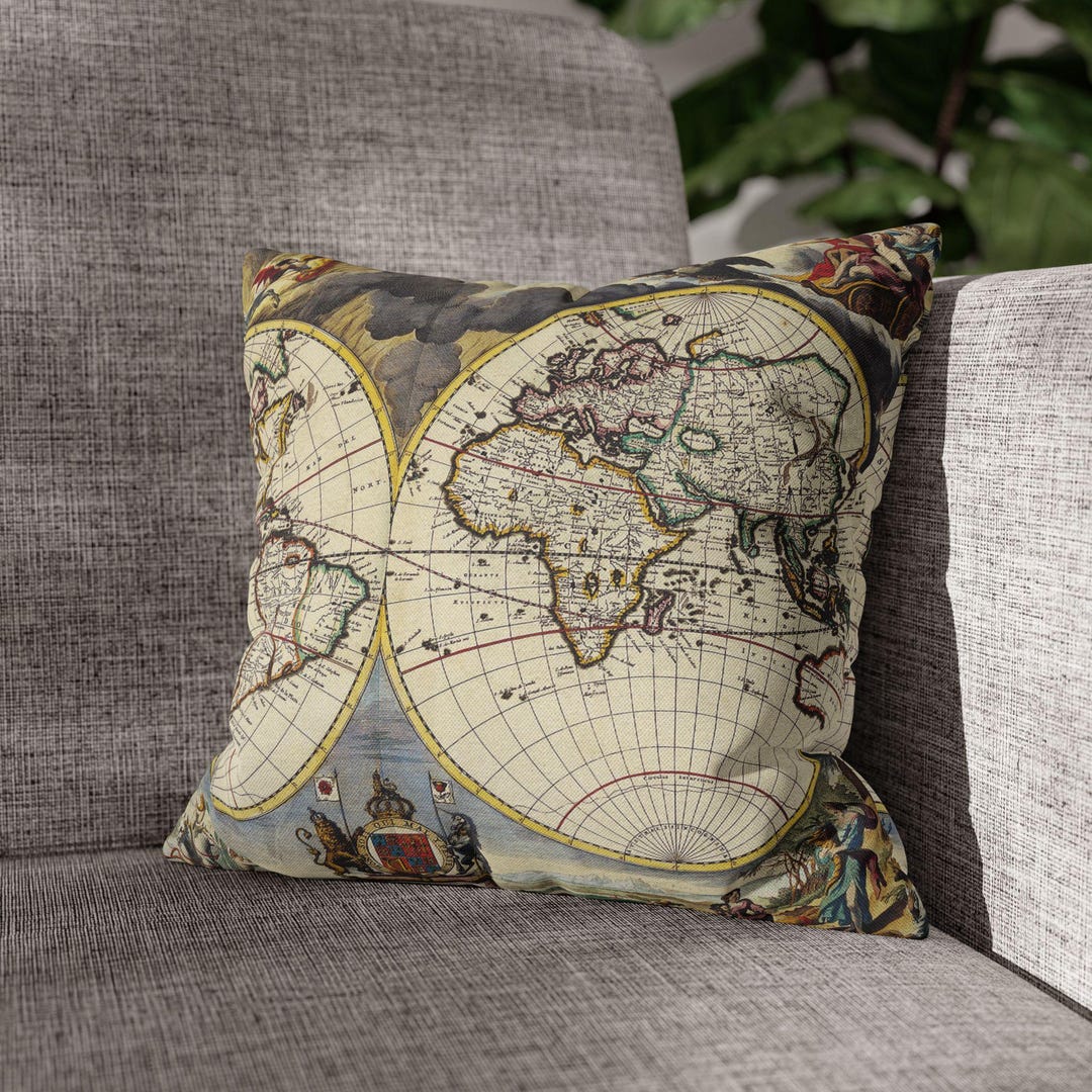 Antique World Map Pillow Cover – Vintage Double Hemisphere Map Cushion ...