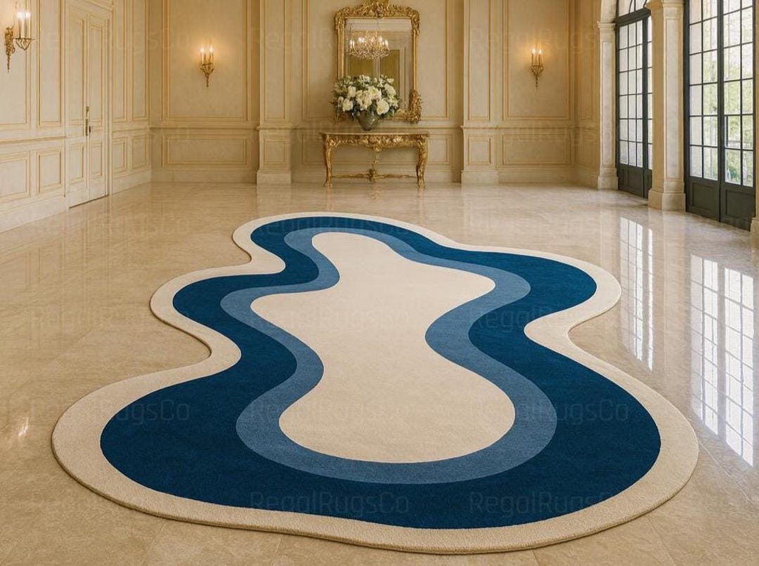 Modern Blue Wave Rug – Abstract Ocean-inspired Curved Area Carpet in ...