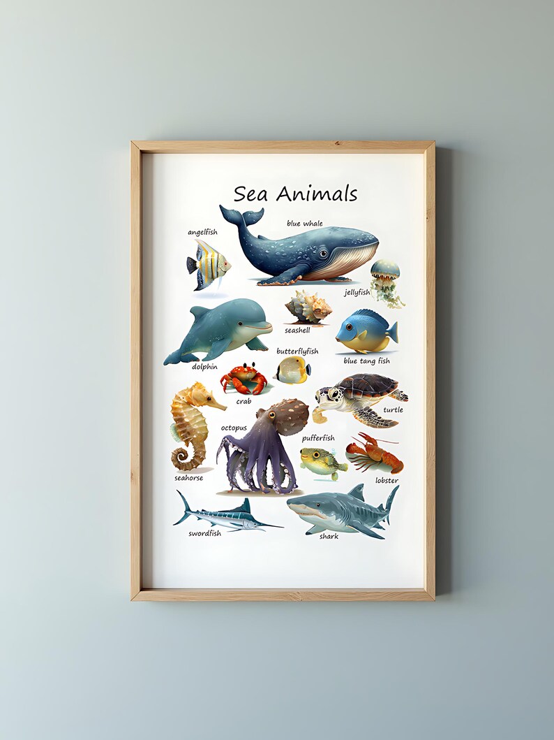 Sea Animals Poster for Kids, Ocean Creatures Wall Art, Educational ...