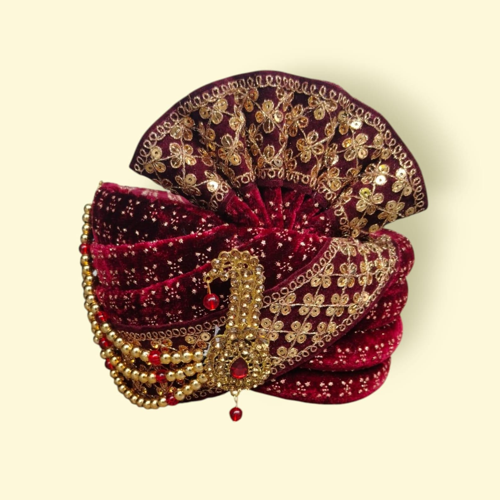 Maroon Velvet Wedding Turban | Golden Embroidery, Red Stone Brooch - Etsy