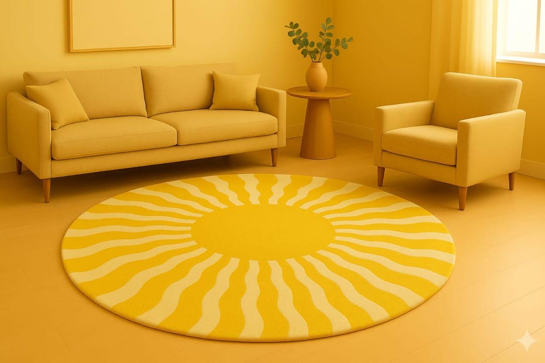 Sunny Radience Round Rug- Cheerful Yellow Sunburst Design for Bright ...
