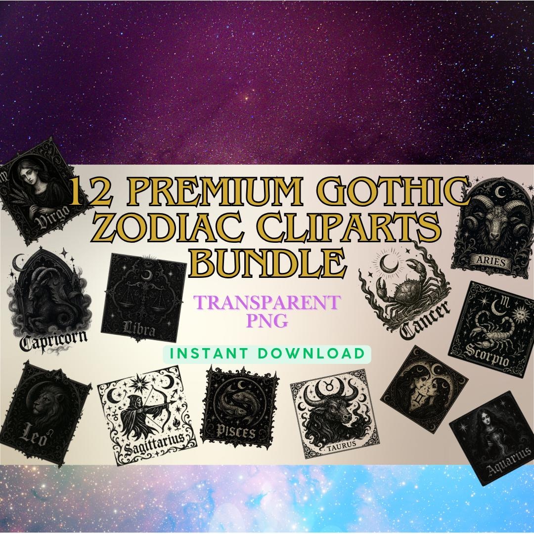 Gothic Zodiac Signs Clipart Bundle | Mystical Astrology Pngs ...
