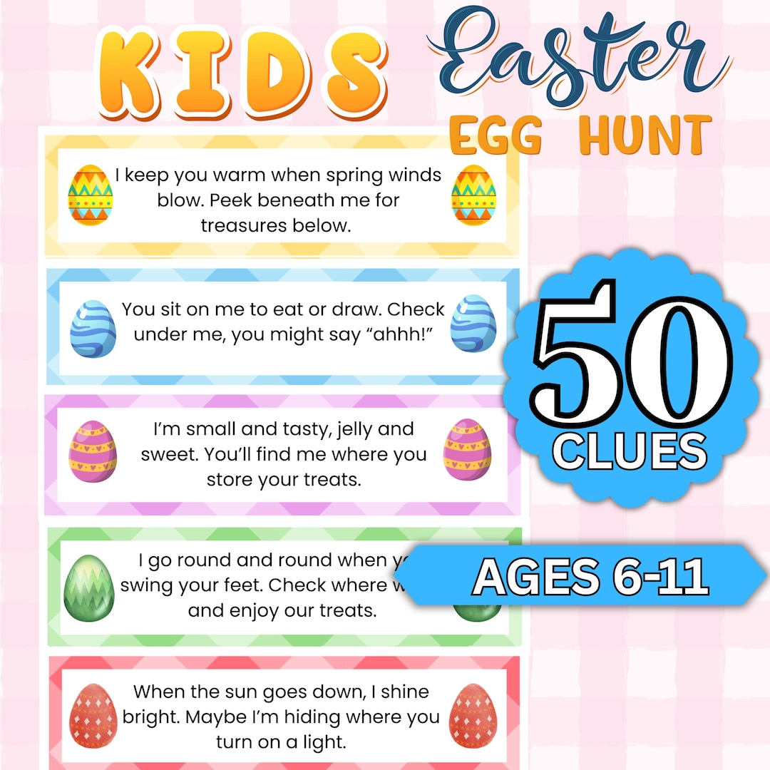 Easter Egg Hunt Clues for Kids – 50 Fun Printable Riddles | Indoor ...