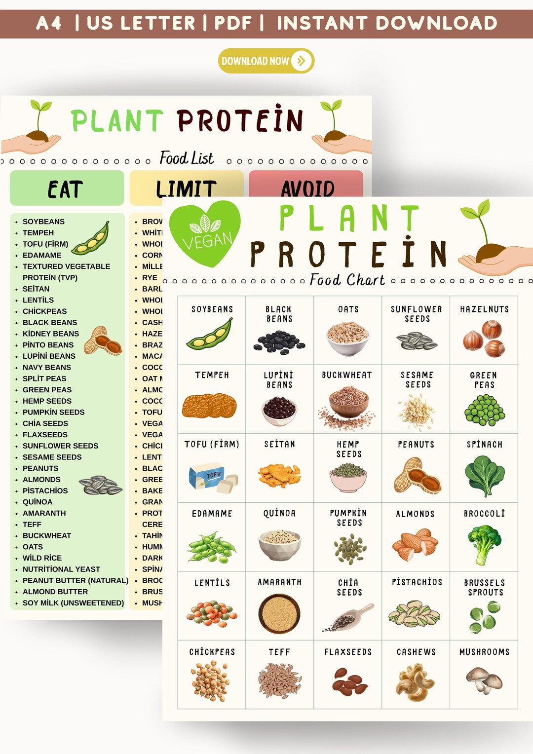 Plant Protein Food List and Chart | Vegan High Protein Sources (digital ...
