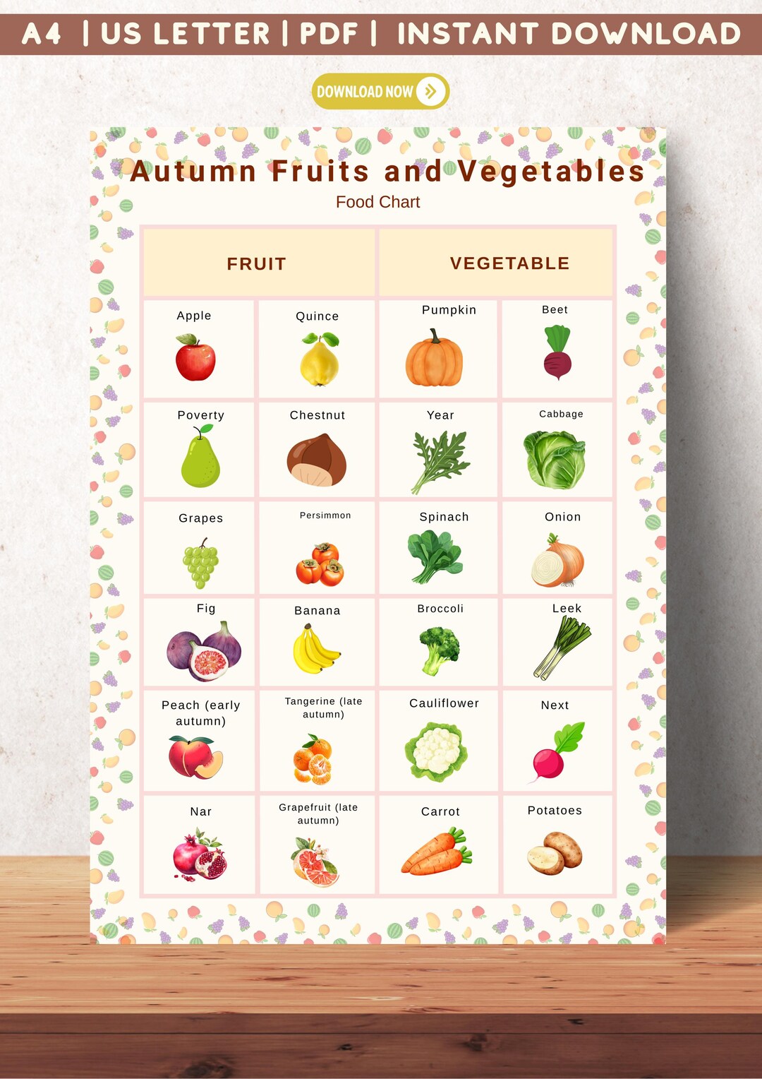 Autumn Seasonal Produce | Fall Fruits & Vegetables Chart | Printable A4 ...