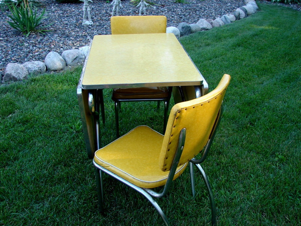 Vintage Yellow Drop-Leaf Formica Table and Two Yellow Vinyl | Etsy