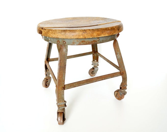 Antique / Vintage Wood and Metal Stool on Casters Rustic Farmhouse ...