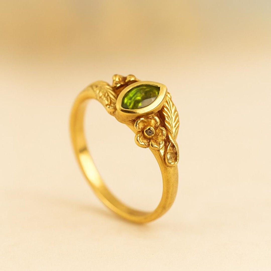 Vintage Gold Leaf Ring: Green Marquise Gemstone, Gift for Her ...