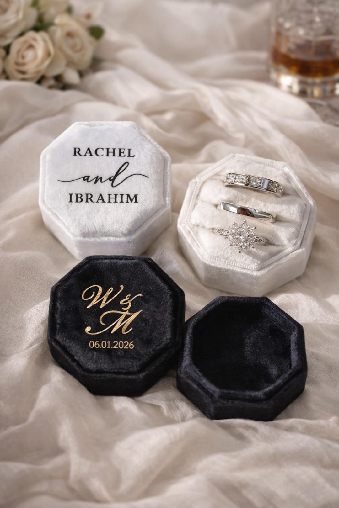 Custom Velvet Ring Box Single Double Triple Slot, Personalized Octagon ...