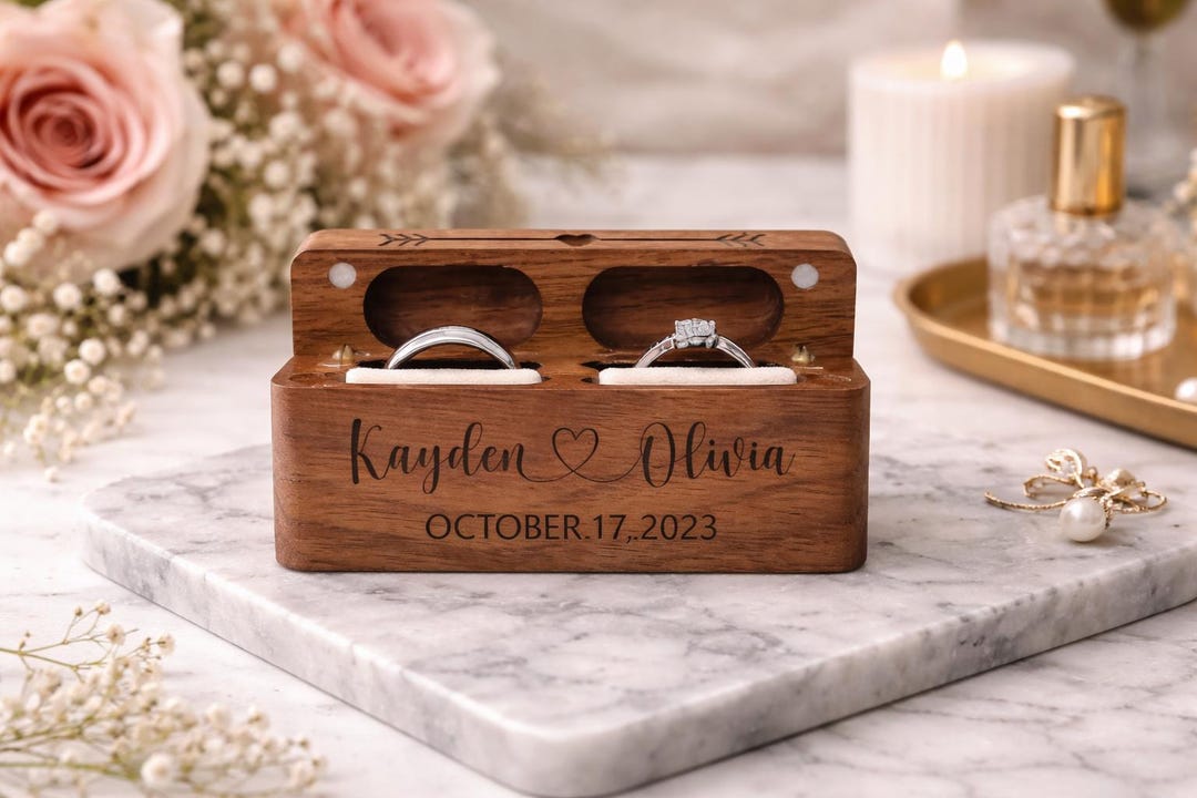 Personalized Wedding Ring Box, Wood Double Ring Box, Ring Bearer Box ...