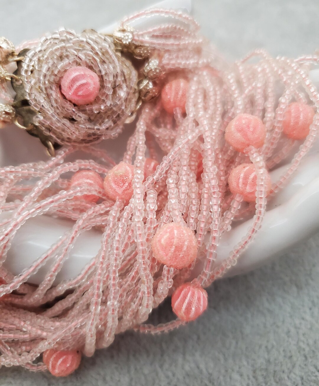 Vintage Pink White Stripe Sugar & Glass Seed Bead 16 Row Torsade ...