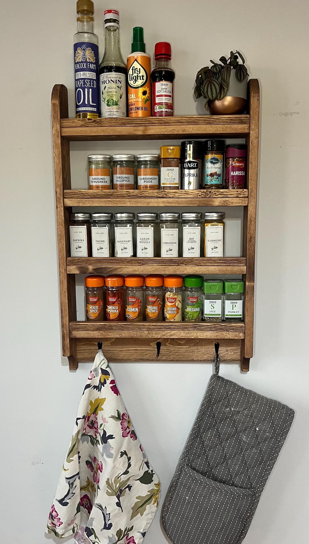 Handmade Rustic Wooden Spice Rack With an Aditional Set of Hooks. Made ...