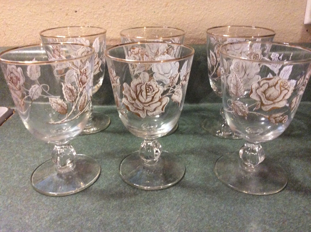 Vintage Libbey Rose Bouquet Stemmed ,gold Rim Drinking Glasses - Etsy