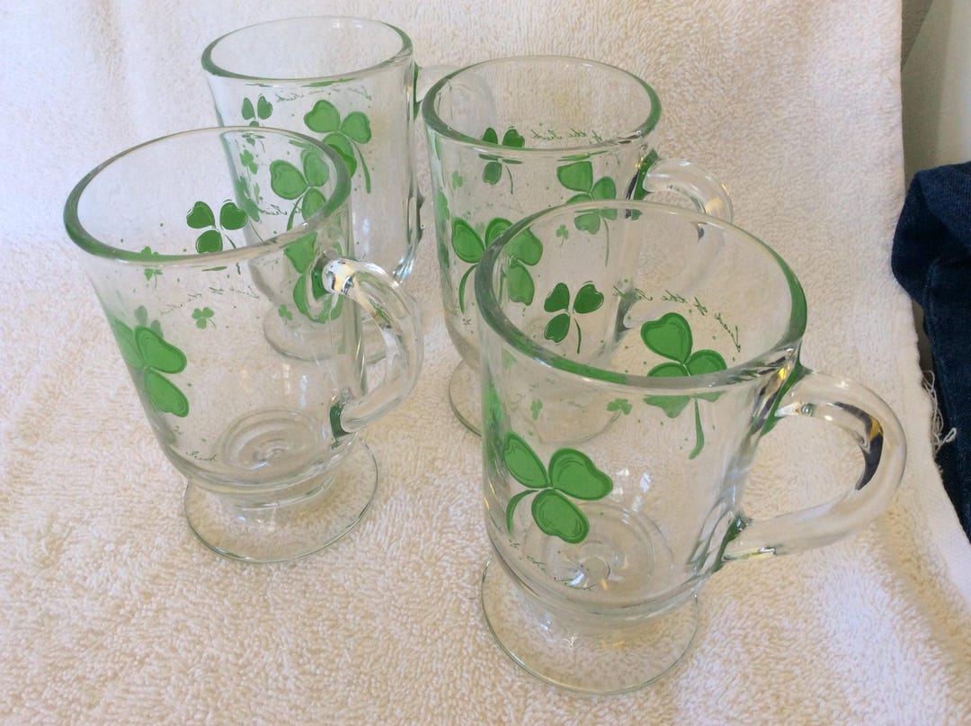 Set of Four Irish Clear Glass Coffee Mugs With Green Shamrocks - Etsy