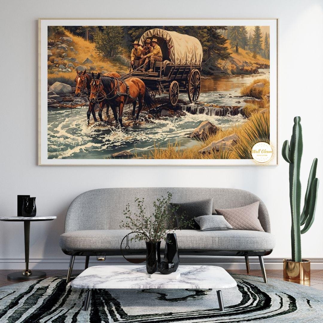 Wild West Wagon Art Print – Cowboy River Crossing Landscape - Etsy