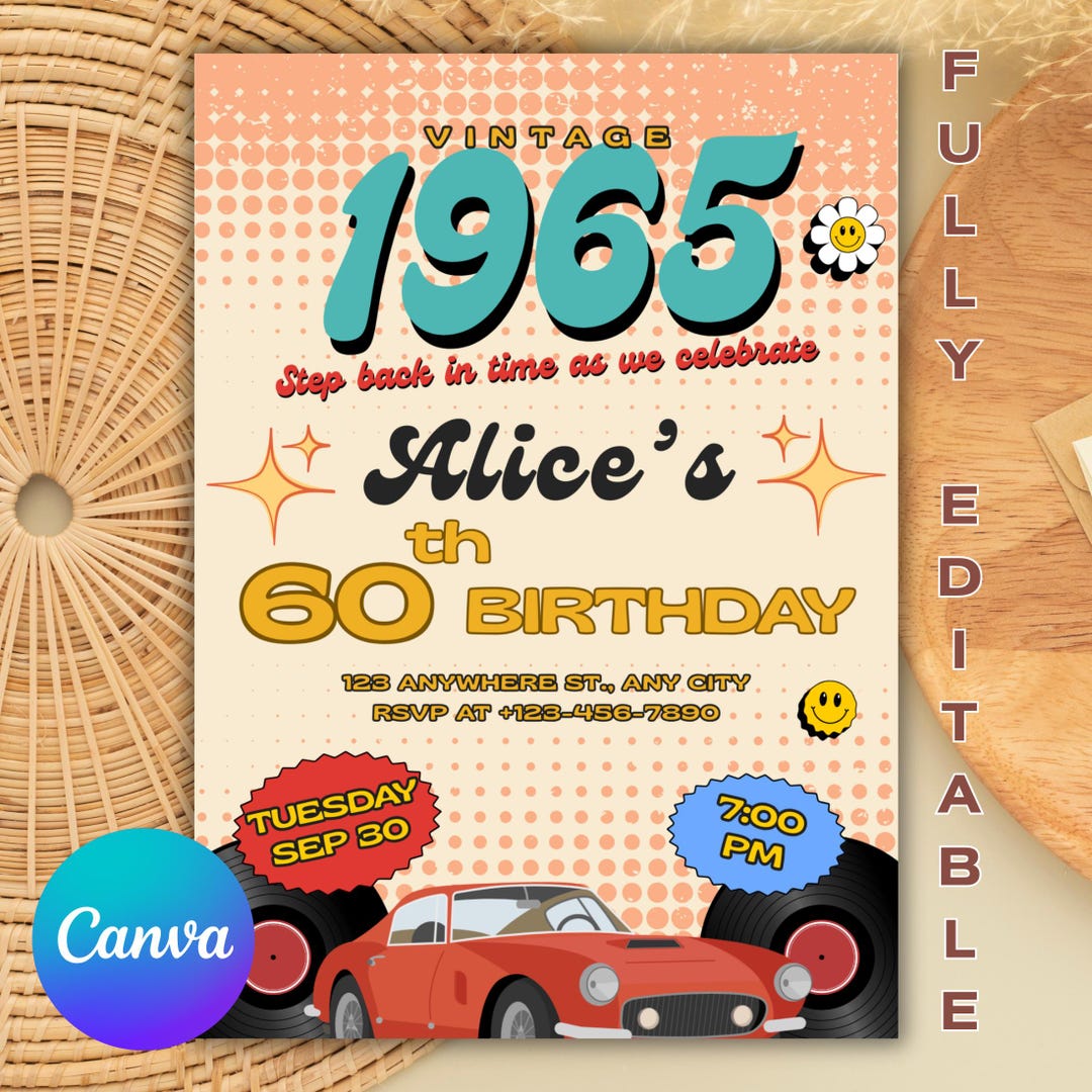 Vintage 1965 60th Birthday Invitation Template, Retro Car (canva ...
