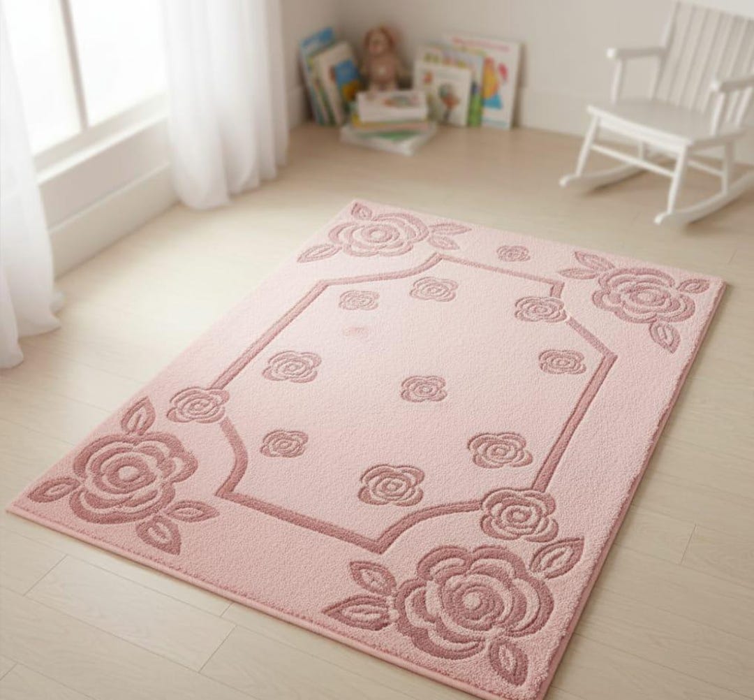 Soft Pink Embossed Floral Area Rug – Elegant Rose Pattern Carpet for ...