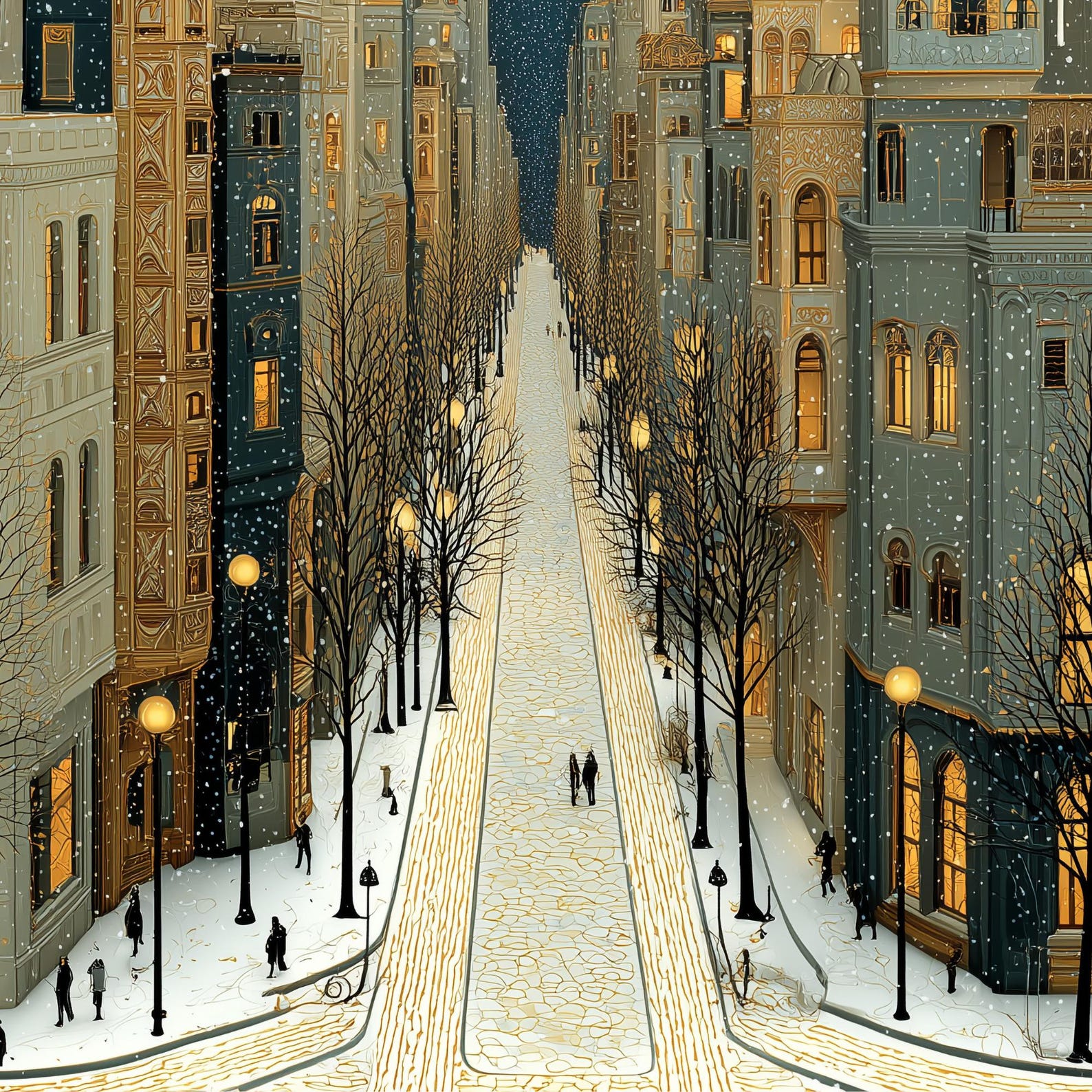 Golden Winter Cityscape Art Print – Vintage Snowy Street Scene ...
