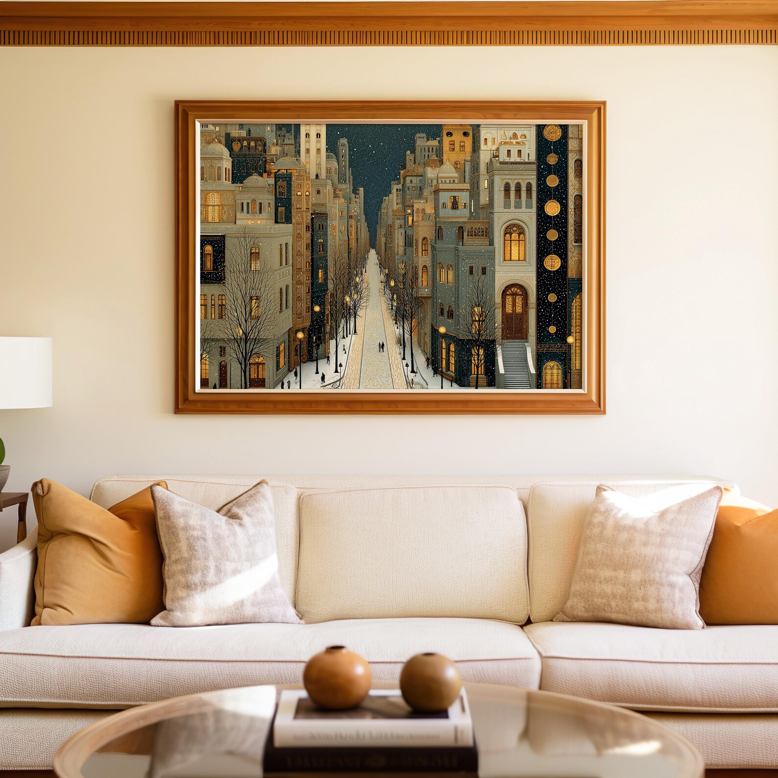 Golden Winter Cityscape Art Print – Vintage Snowy Street Scene ...