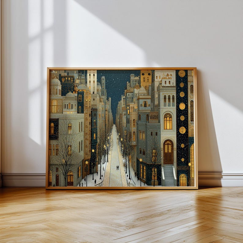 Golden Winter Cityscape Art Print – Vintage Snowy Street Scene ...