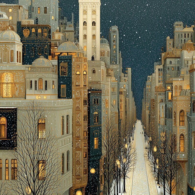 Golden Winter Cityscape Art Print – Vintage Snowy Street Scene ...