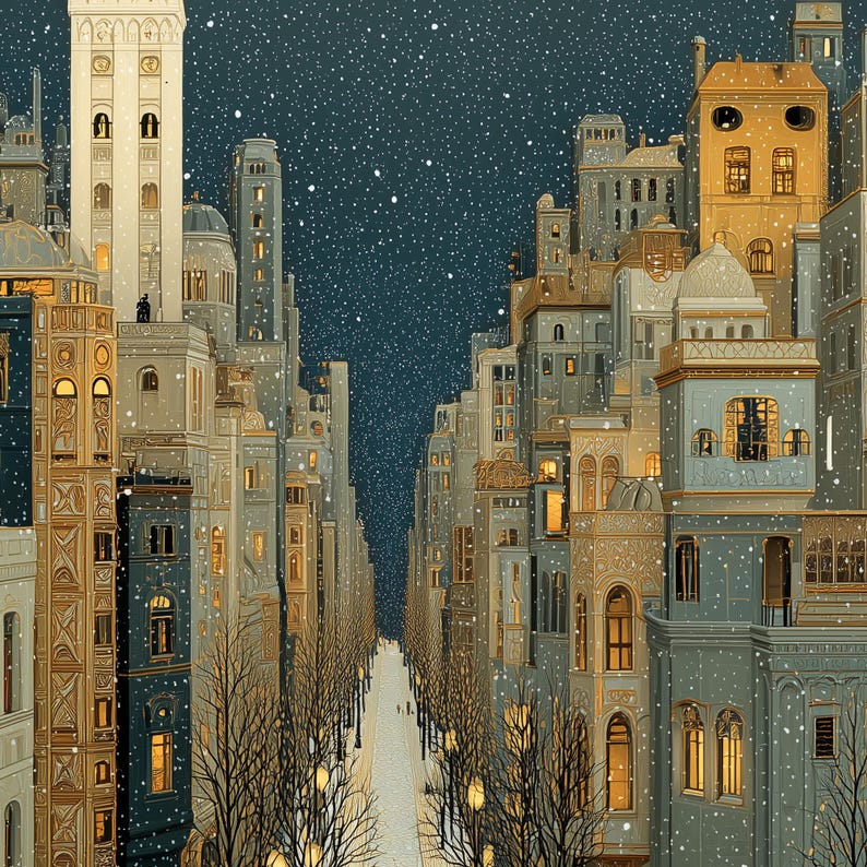 Golden Winter Cityscape Art Print – Vintage Snowy Street Scene ...
