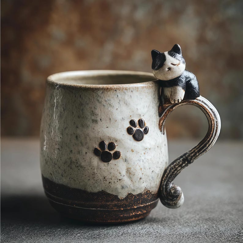 Handmade Ceramic Cat Mug, Cute Kitty Paw Print Coffee Cup, Vintage ...