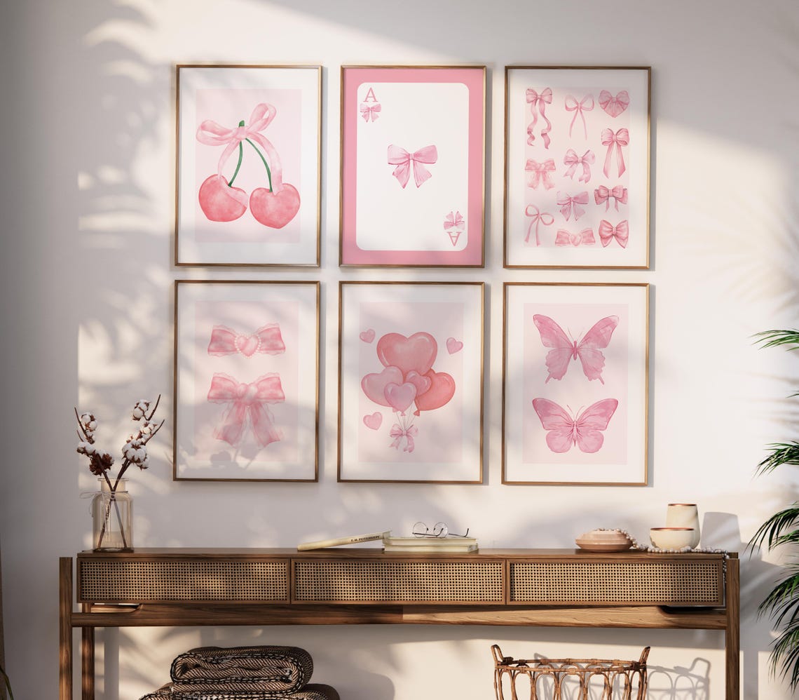 Trendy Pink Bows Wall Art Set of 6, Preppy Poster, College Apartment ...