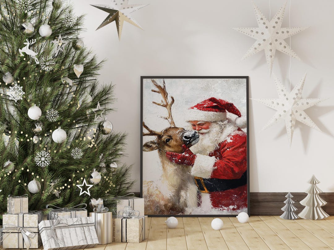 Santa and Reindeer Printable Wall Art, Vintage Santa Claus Painting ...