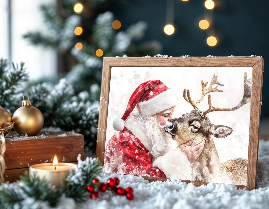 Santa and Reindeer Printable Wall Art, Vintage Santa Claus Painting ...