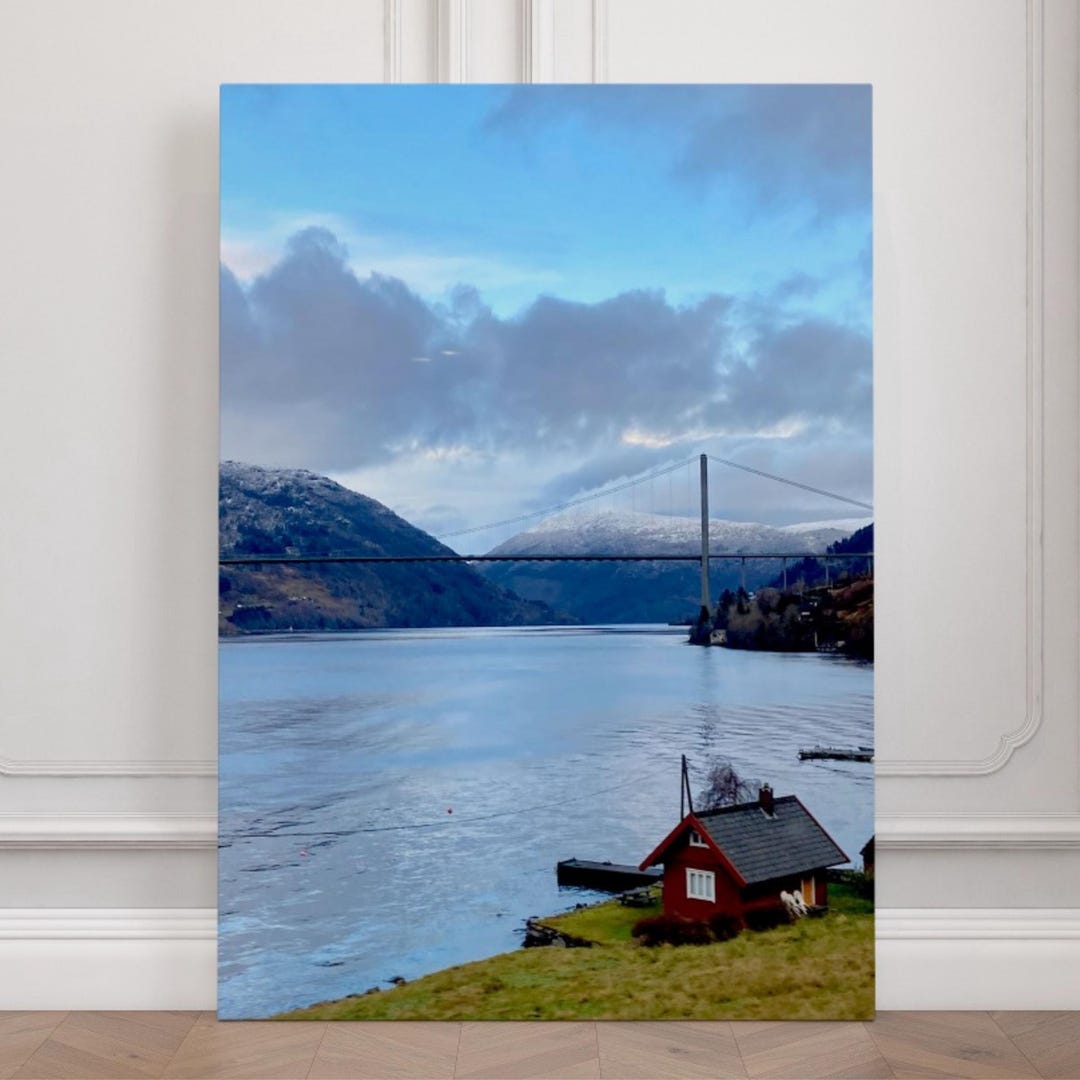 Nordic Red Cabin by Fjord Bridge - Norwegian Coastal Landscape ...