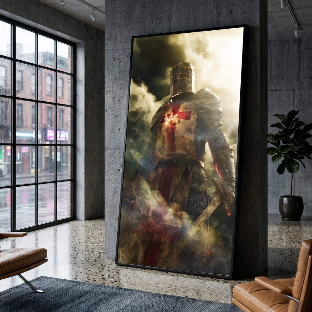 Medieval Knight With Flaming Cross Canvas Wall Art, Crusader Armor ...