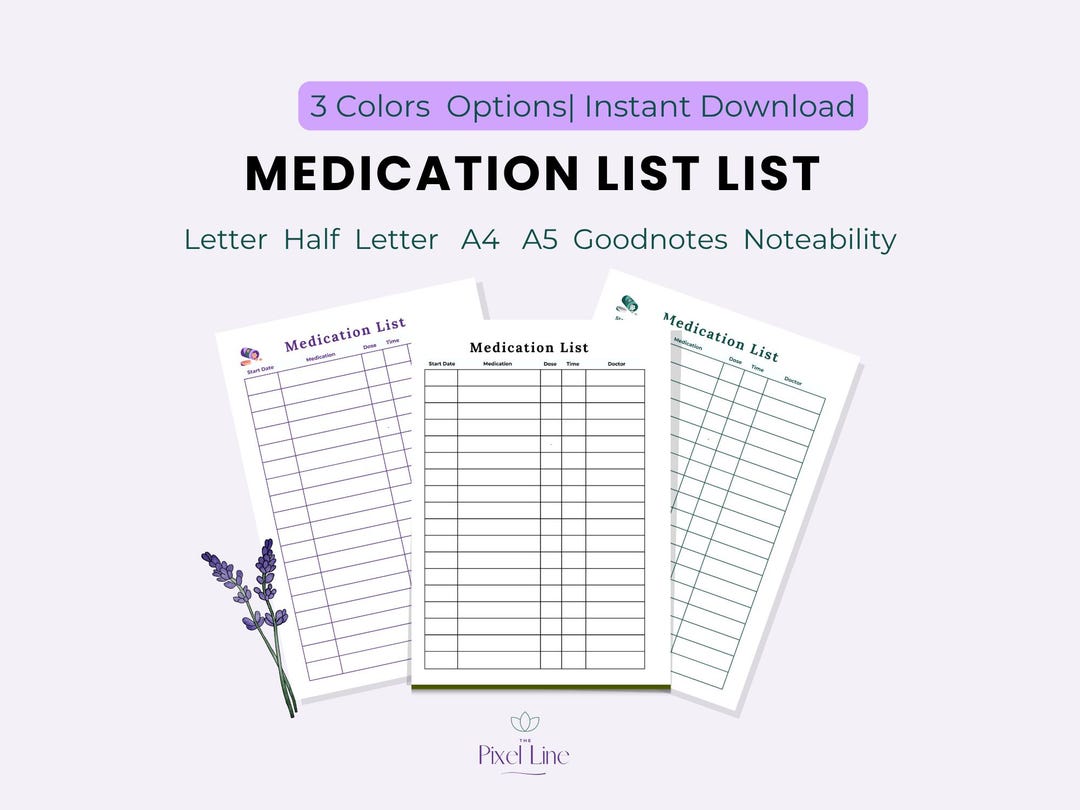 Medication List: Printable Log, Emergency Medical Form (PDF), Journal ...
