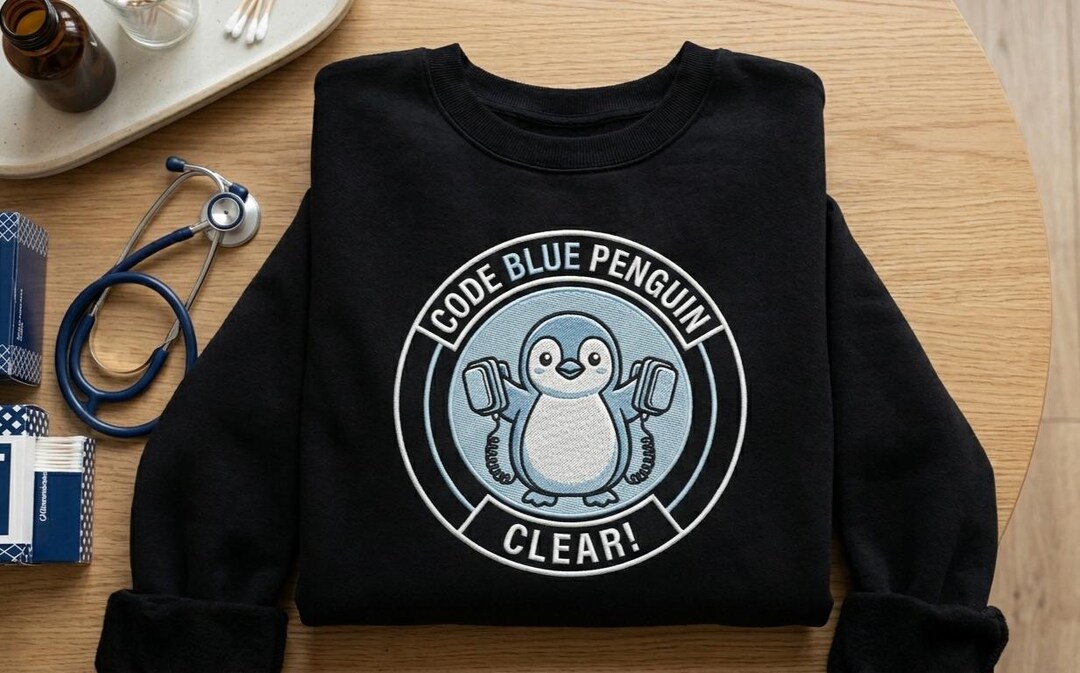 Custom Code Blue Penguin Embroidered Sweatshirt Funny Nurse Gift Code ...