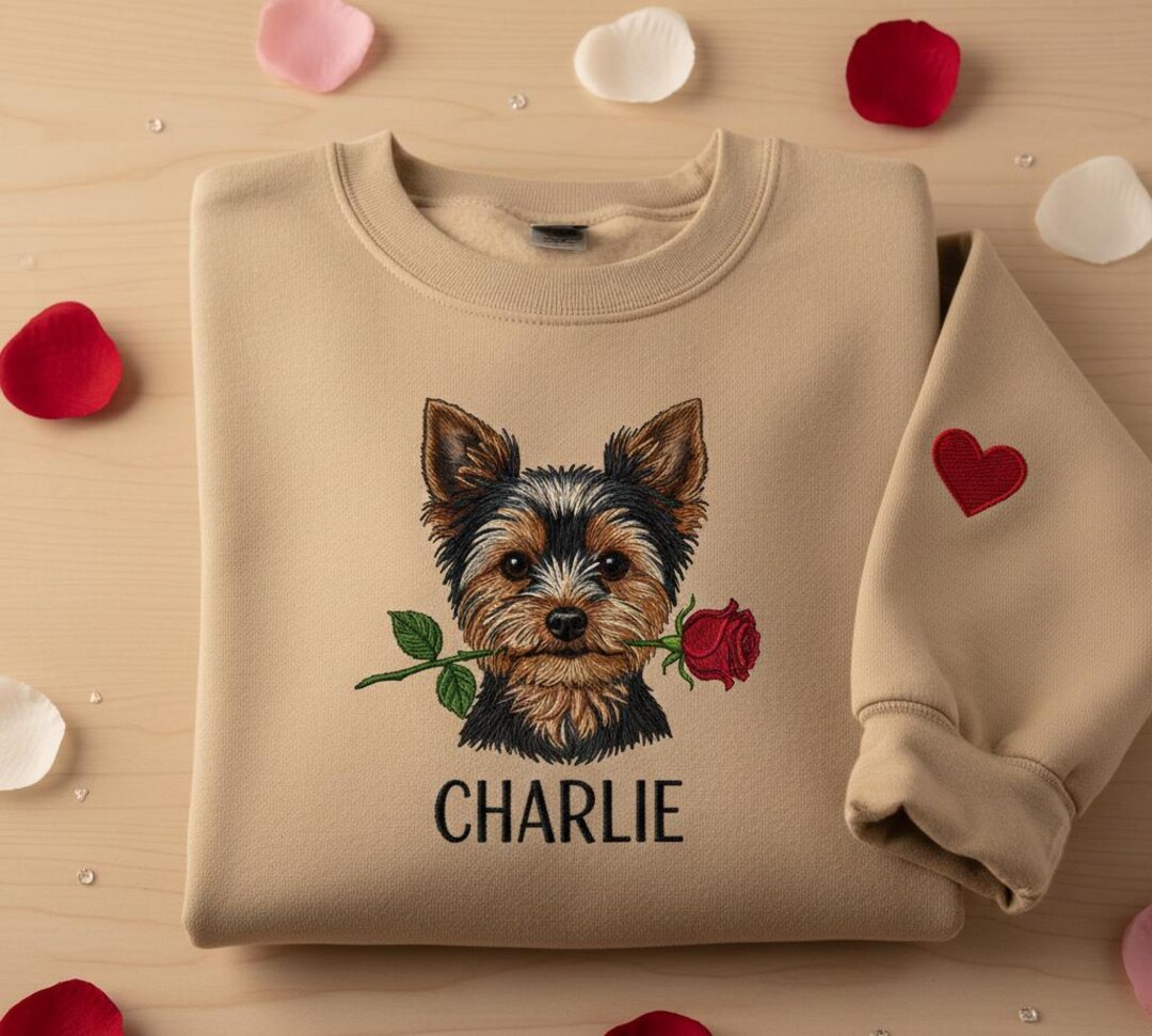 Custom Yorkie Embroidered Sweatshirt With Rose, Personalized Dog Name ...