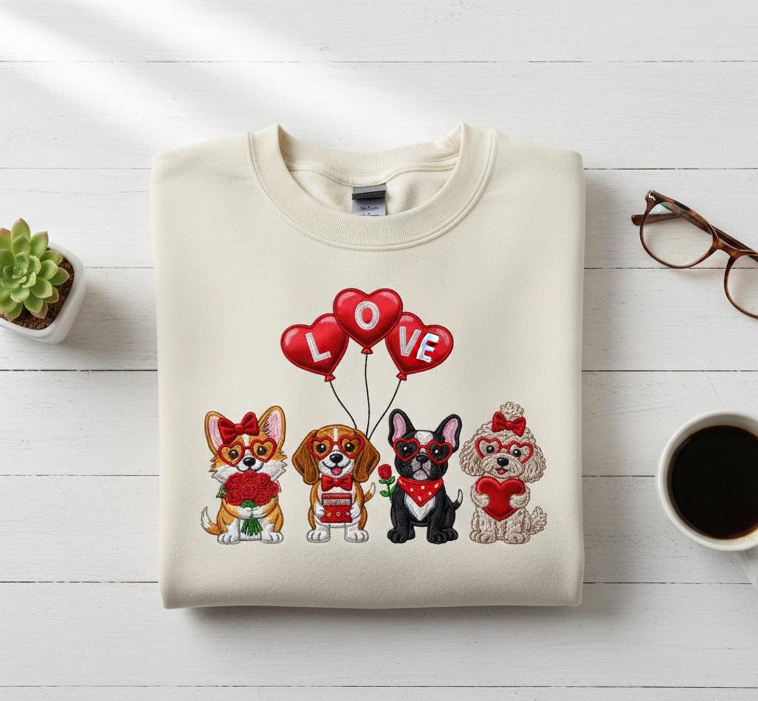 Custom Cute Dog Group Valentine Sweatshirt Love Balloon Illustration ...
