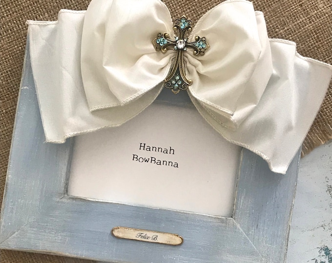 Baby Photo Frame Religious Blue Pink White Rustic Wood Bow Gift Idea ...