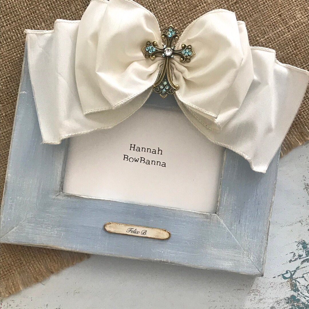 Baby Photo Frame Religious Blue Pink White Rustic Wood Bow Gift Idea ...