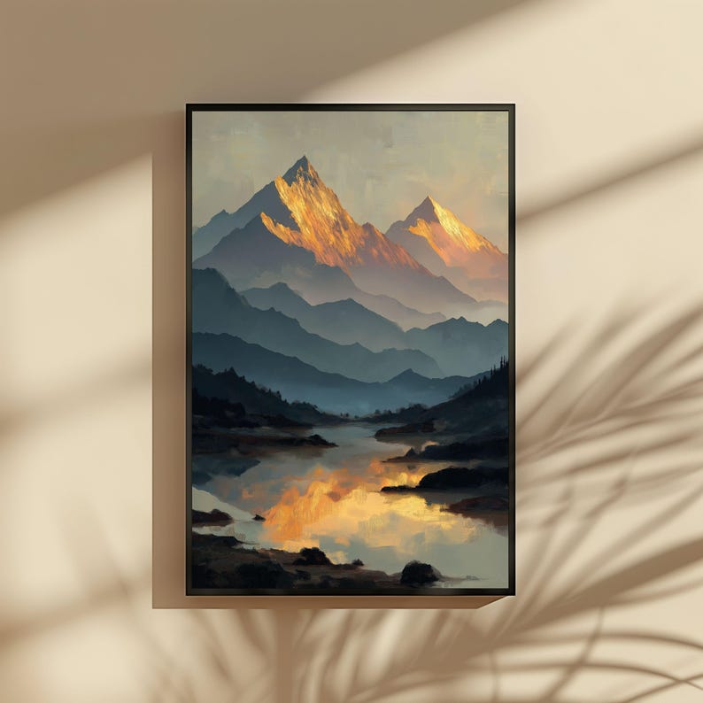 Golden Mountain Landscape Print Blue and Amber Sunset Wall Art ...