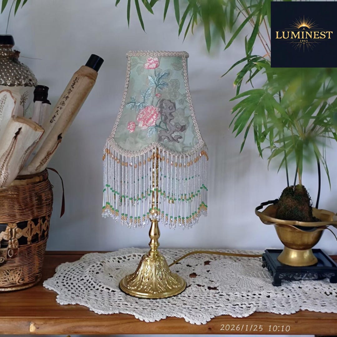 Hand Embroidered Fabric Table Lamp, Cream Floral Lampshade With Beaded ...