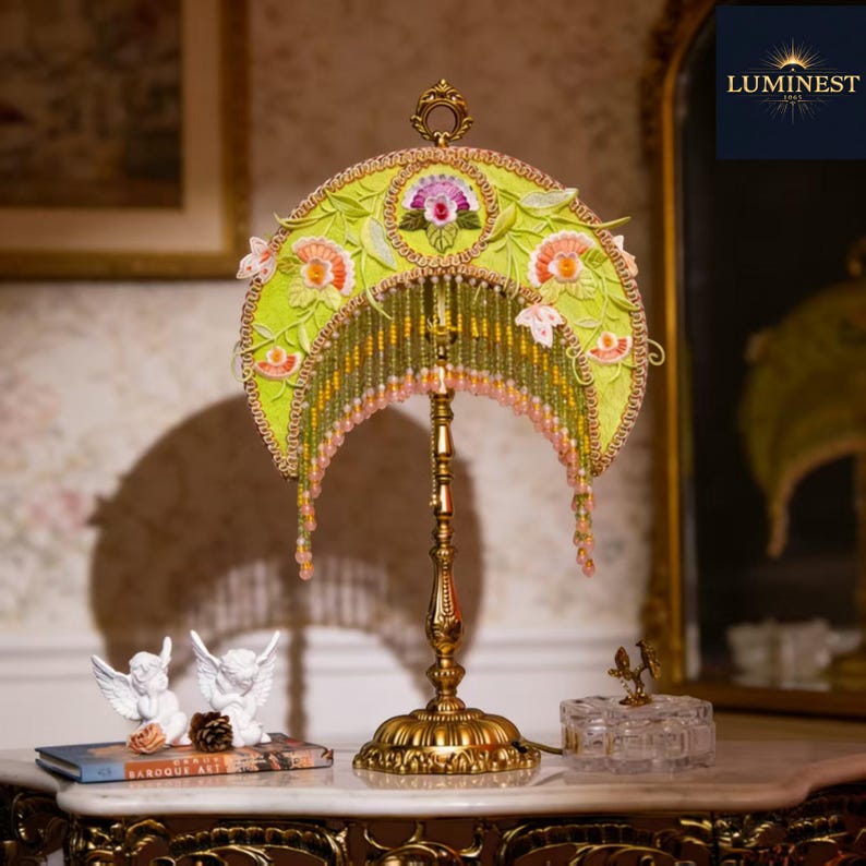 Vintage Embroidered Table Lamp With Beaded Fringe, Green Floral Fabric ...