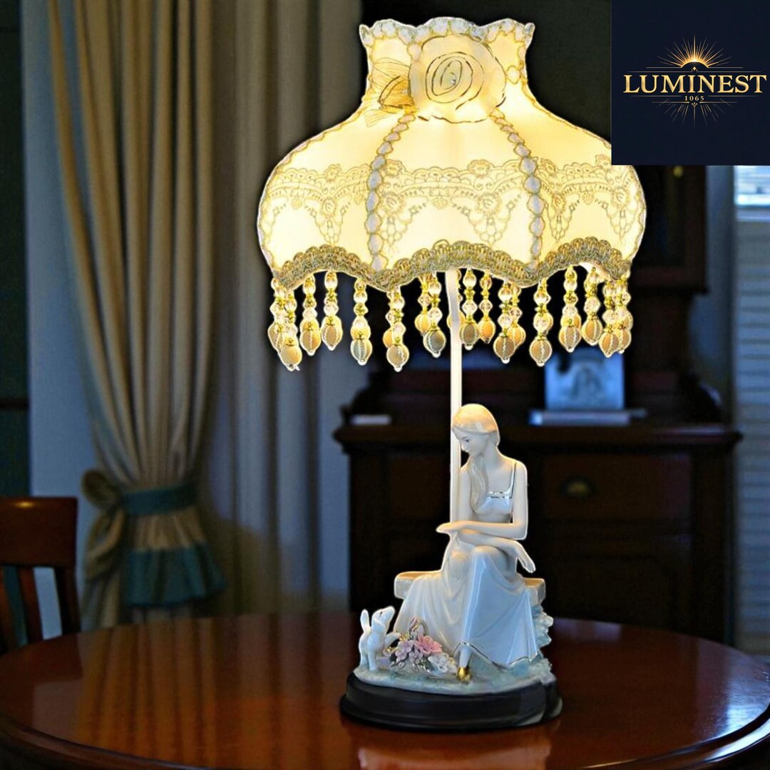 Vintage Ceramic Lady Table Lamp With Lace Shade, Victorian Style ...