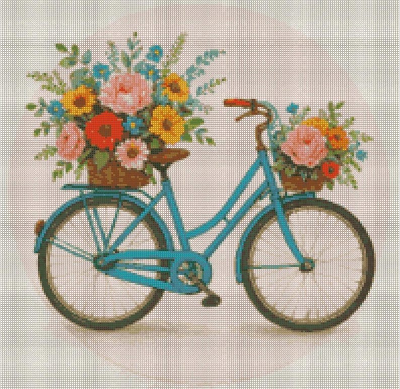 Floral Bike Cross Stitch Pattern: Blue Bicycle Embroidery PDF (digital ...
