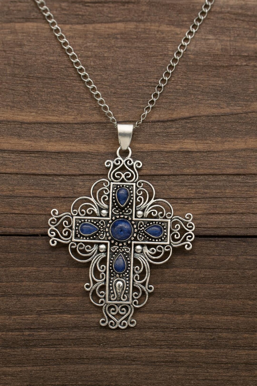 Filigree Cross Necklace • Blue Stone Cross Pendant • Antique Style ...