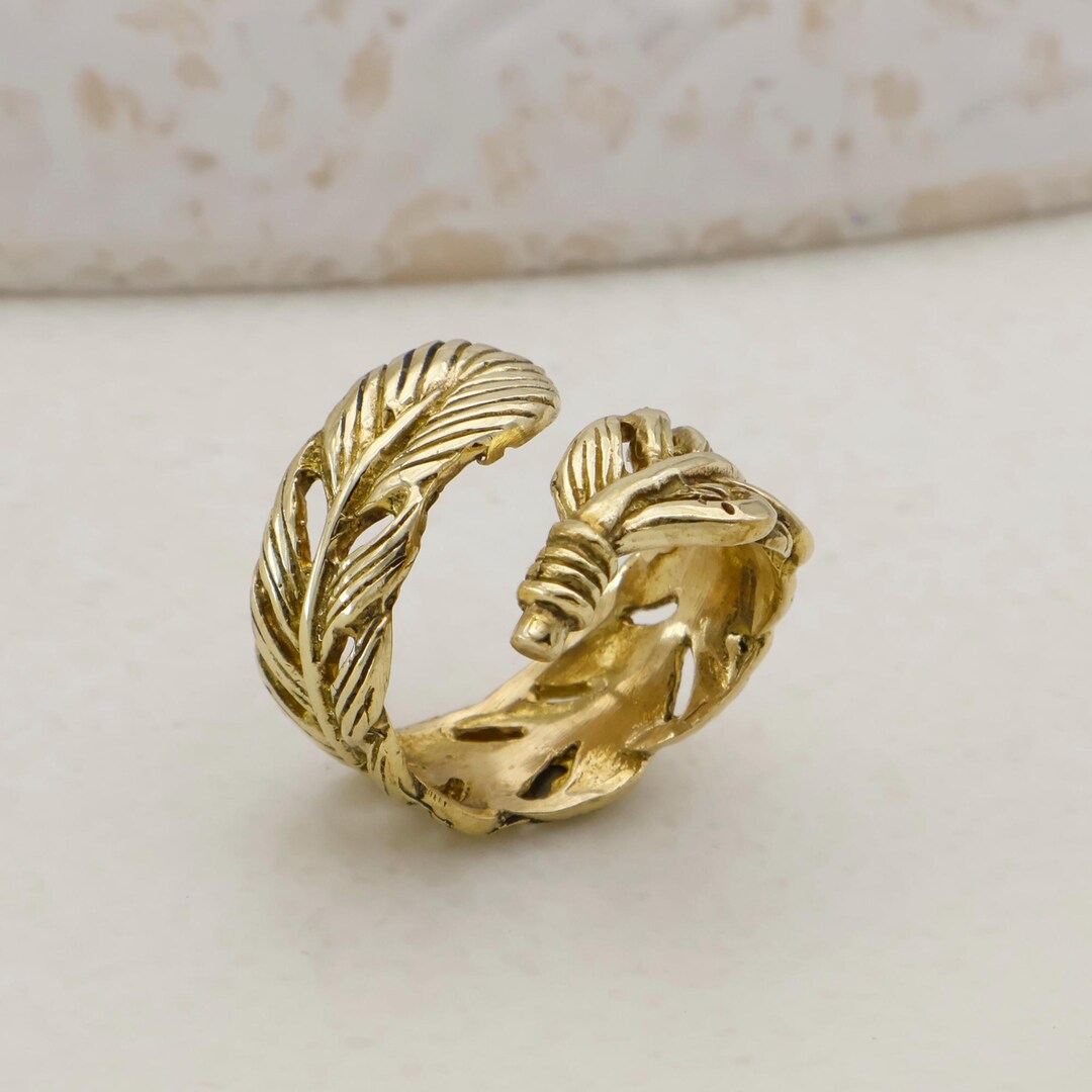 Gold Feather Wrap Ring • Adjustable Nature-inspired Brass Ring • Boho ...