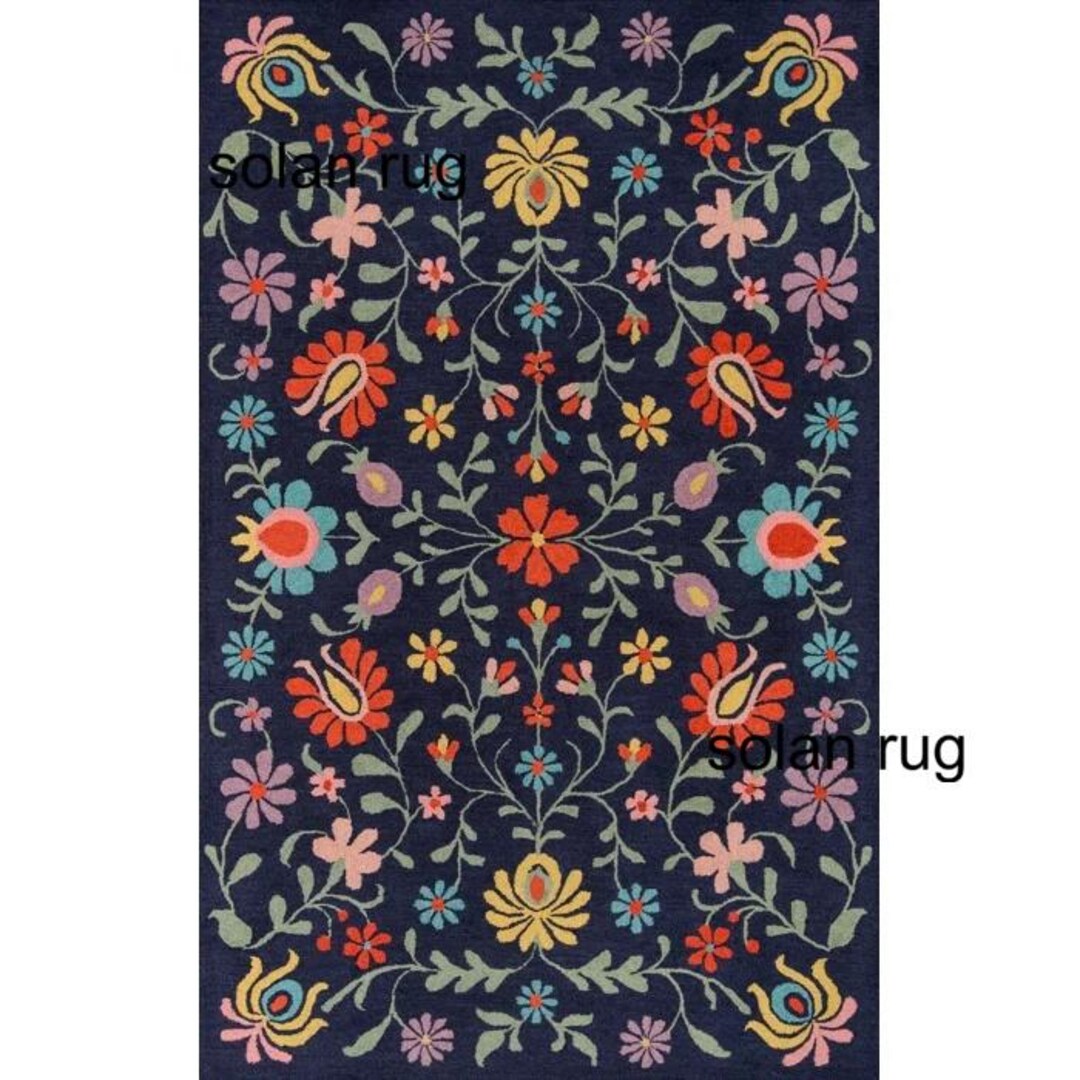 Annechien Floral Wool Rug - Dark Navy & Red Botanical Hand-tufted ...