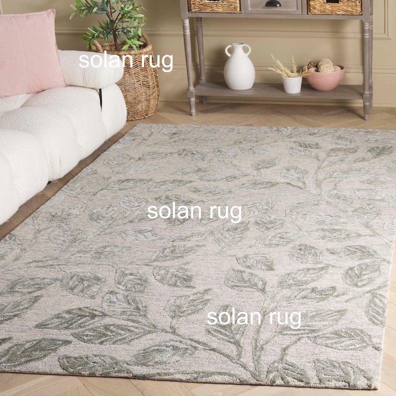 Hand Tufted Botanical Leaf Rug, Sage Green Floral Area Rug, Modern ...