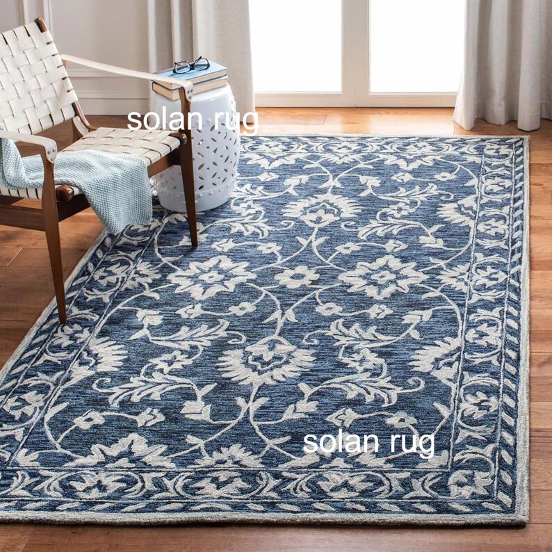 Navy Blue Floral Area Rug | Ivory & Taupe Vine Pattern Rug | Classic ...