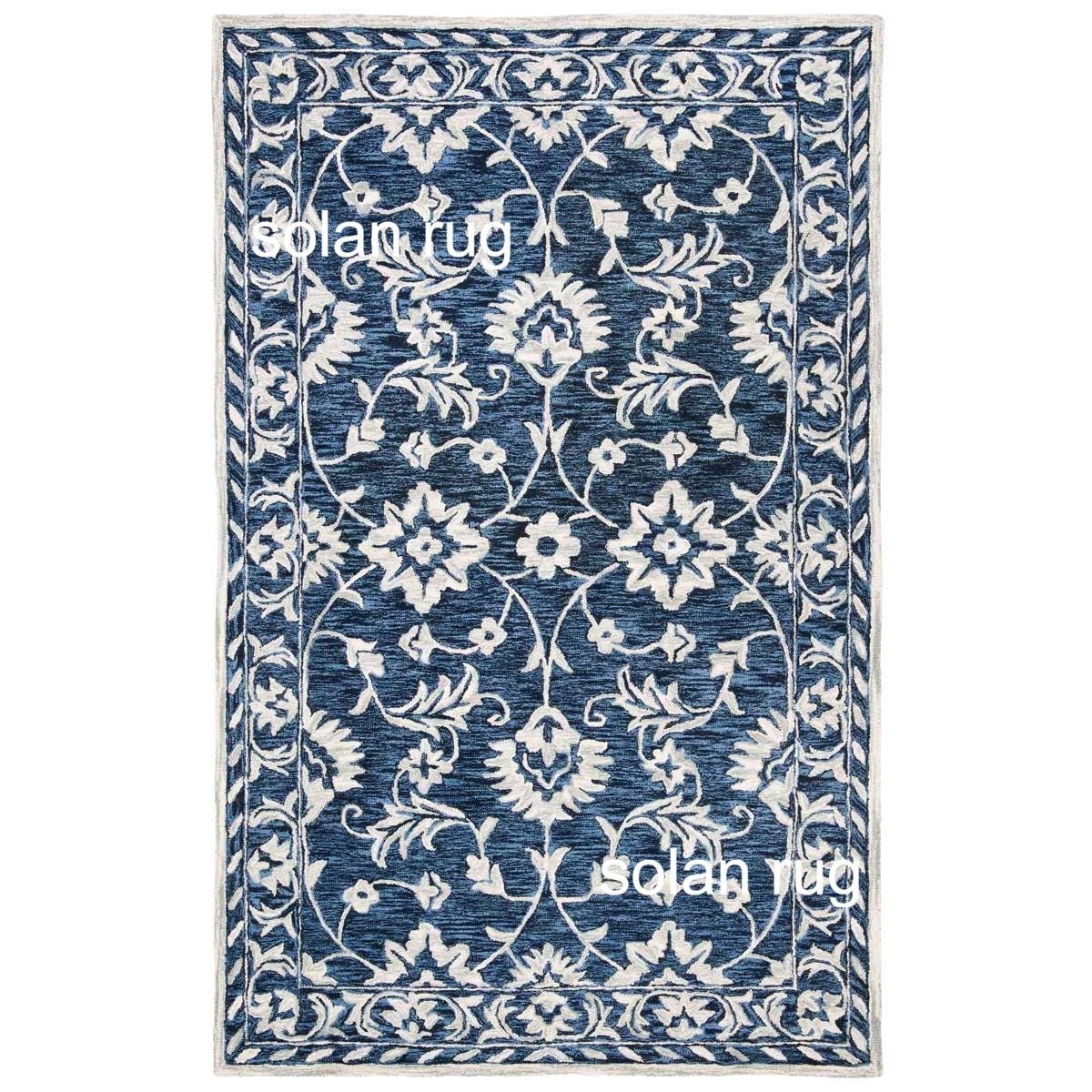 Navy Blue Floral Area Rug | Ivory & Taupe Vine Pattern Rug | Classic ...