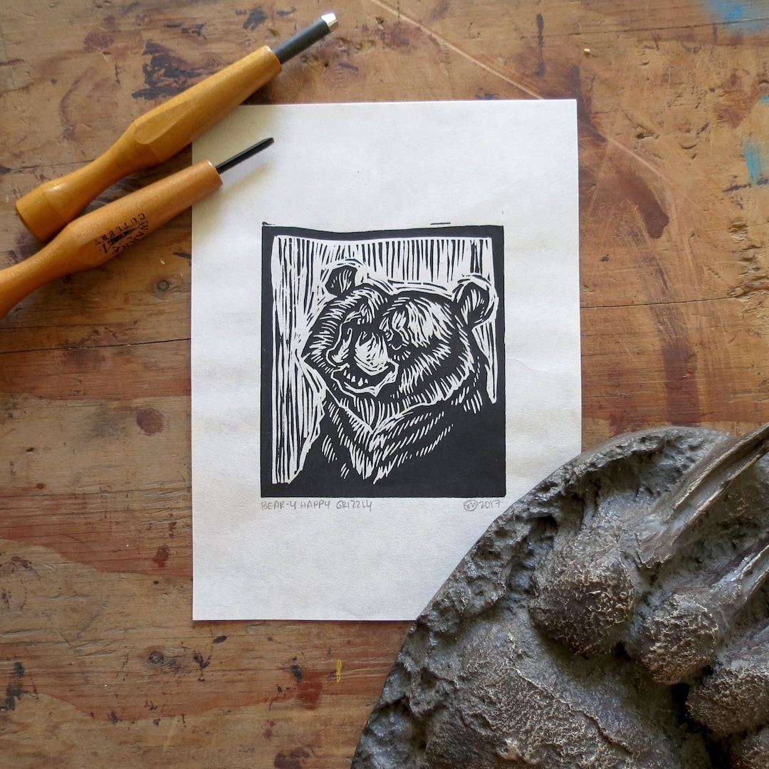 Happy Grizzly Bear Linocut Original Hand Printed Mini Art - Etsy